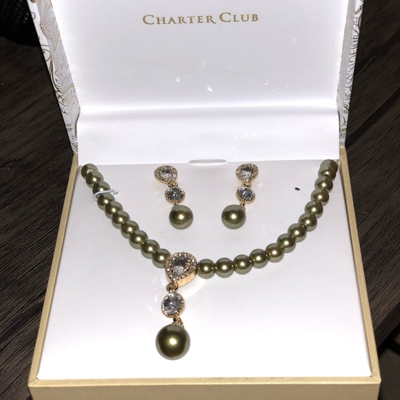 Charter Club | Jewelry | Gold Green Earring Necklace Set | Poshmark